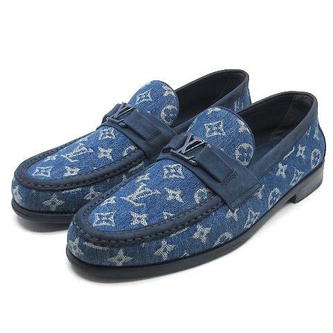 【中古】ルイヴィトン LOUIS VUITTON メジャーライン モノグラム デニム モカシン ローファー LV金具 ブルー 9 約28cm 2023年製 メンズ