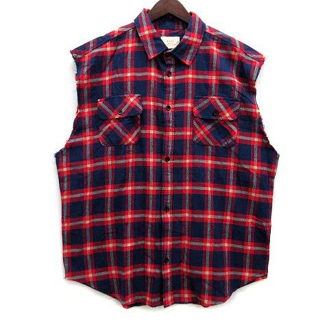 【中古】フィアオブゴッド Fear of God FOG COLLECTION ONE 2015 2016 スリーブレス チェック ネルシャツ 赤 レッド L ☆AA★ メンズ