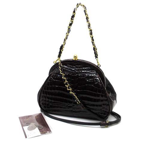 【中古】マダムグレ GRES PARIS JRA クロコダイル がま口  2WAY チェーン ショルダーバッグ シャイニー ダークブラウン ゴールド金具
