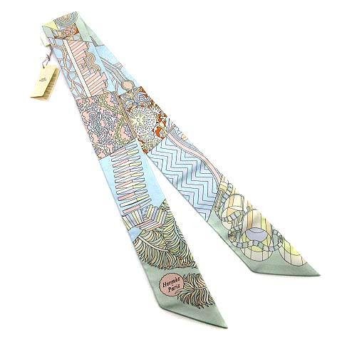 【中古】未使用品 エルメス HERMES ツイリー シルク スカーフ 杖傘と決闘 DE L'OMBRELLE AUX DUELS シエル ローズペール オレンジ