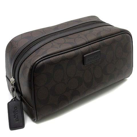 【中古】コーチ COACH シグネチャー トラベルキット ポーチ セカンドバッグ ウォルナット ブラック F93310 美品 メンズ レディース
