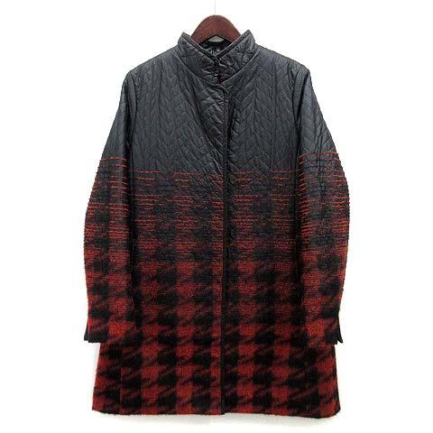 【中古】ヒロコビス HIROKO BIS 千鳥格子 ウール グラデーション 中綿 スタンドカラー コート ブラック レッド 黒 赤 9 レディース