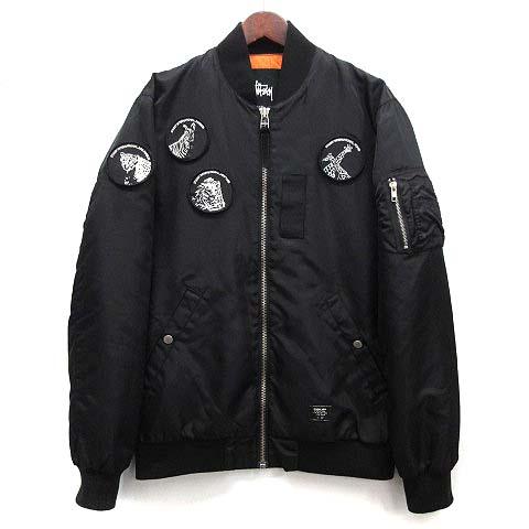 【中古】ステューシー STUSSY アニマル ワッペン MA-1 フライトジャケット パテッド ブルゾン ブラック 黒 S メンズ