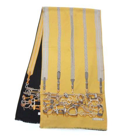 【中古】グッチ GUCCI リバーシブル シルク ストール ジャッキー 馬具 ダブルフェイス イエロー ブラック レディース