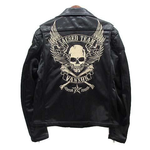 【中古】バンソン VANSON 別注 ウィングスカル 刺繍 ボンディング ダブルライダース ジャケット ACV-701 ブラック 黒 L メンズ