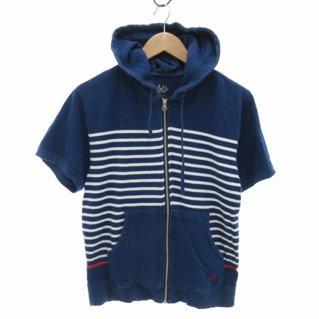 【中古】ステューシー STUSSY ISLAND STYLEE ジップアップパーカー フーディ ボーダー 刺繍 半袖 M ブルー ホワイトの ...