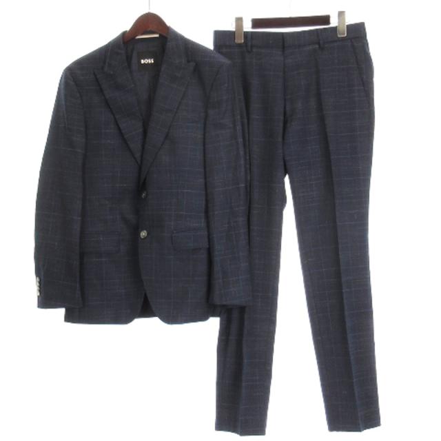 【中古】ヒューゴボス セットアップ チェック テーラードジャケット シングル パンツ スラックス ネイビー 44