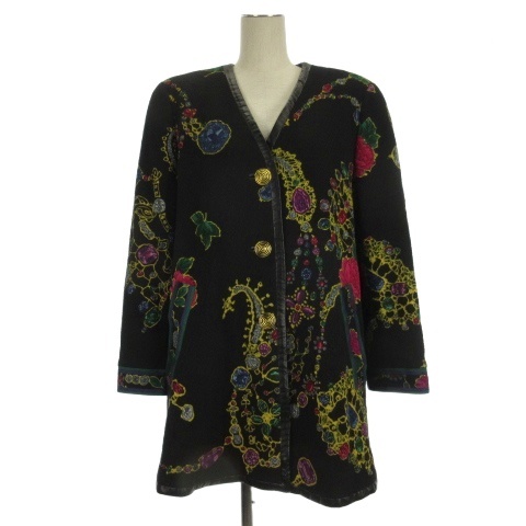 【中古】レオナール LEONARD FASHION 総柄 ジュエリー柄 花柄 ロング ノーカラー ジャケット 11AR ブラック ■GY09