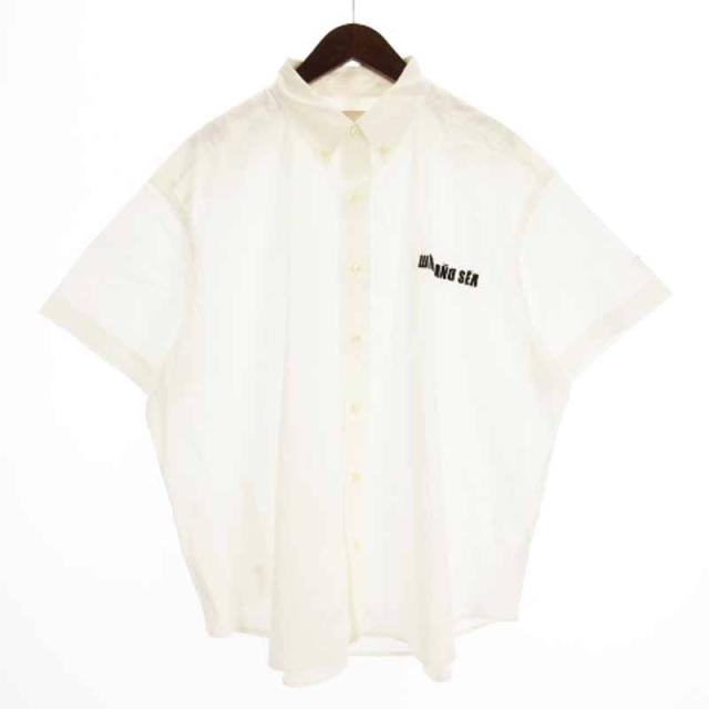 【中古】ウィンダンシー WIND AND SEA シャツ 五分袖 ボタンダウン オーバーサイズ ロゴ刺繍 ホワイト M メンズ