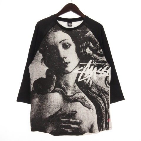 【中古】ステューシー STUSSY ヴィーナス ラグラン Tシャツ カットソー 七分袖 プリント コットン ブラック L