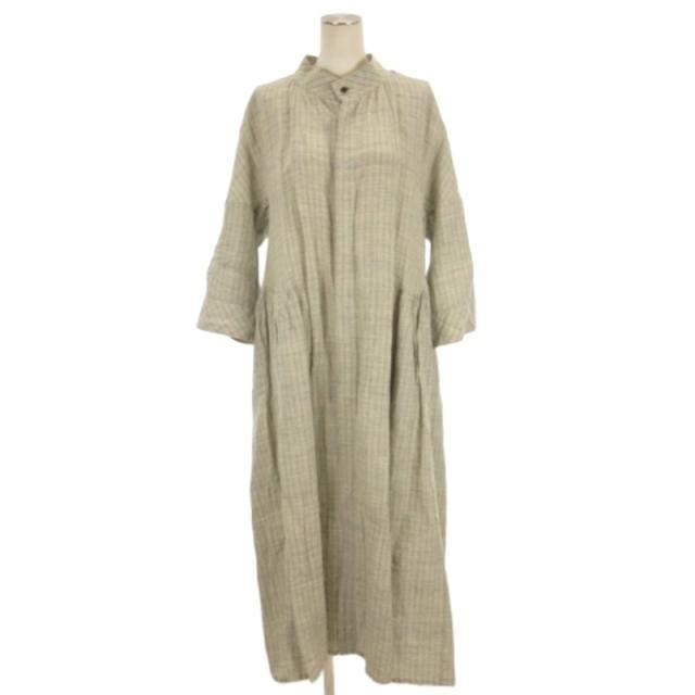 【中古】ギエモン 儀右衛門 GIEMON リネン ストライプシャツワンピース ロング 長袖 ライトグレー レディース