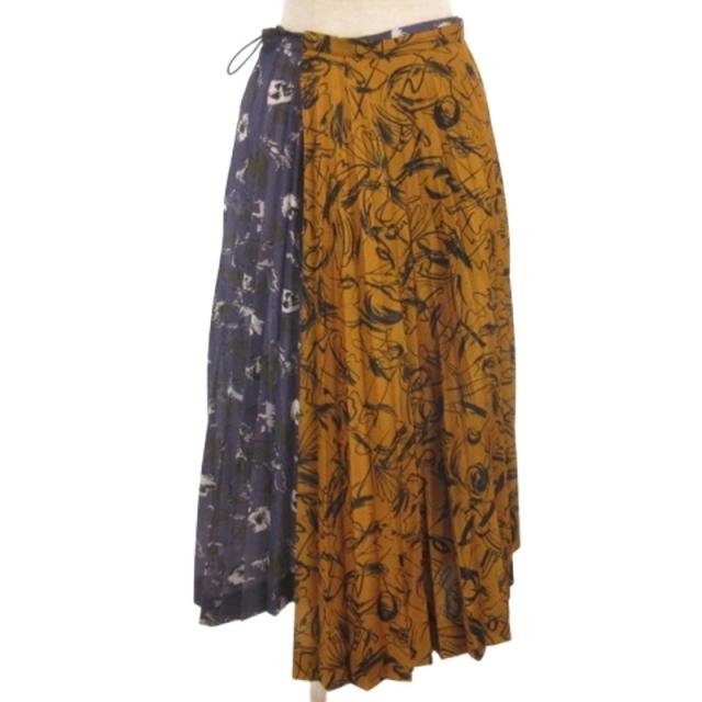【中古】トーガ プルラ TOGA PULLA Print mix skirt 総柄 プリーツ ロングスカート TP92-FG231 ネイビー イエロー 34