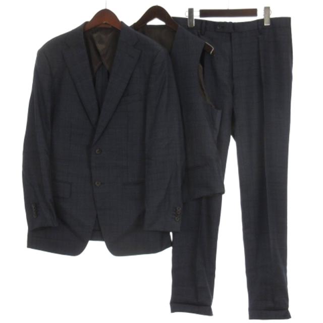 【中古】PERFECT SUIT FACTORY セットアップ チェック スーツ フォーマル ジャケット パンツ ベスト ネイビー AB7