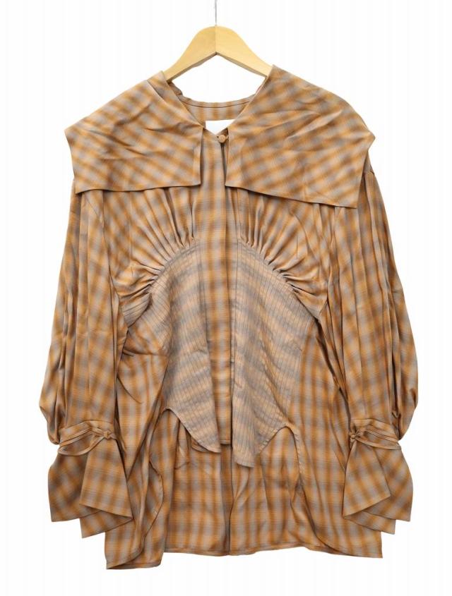 【中古】未使用品 マメクロゴウチ  Mame Kurogouchi Linen Mix Ombre Check Sailor Collar Blouse 1 ブラウン