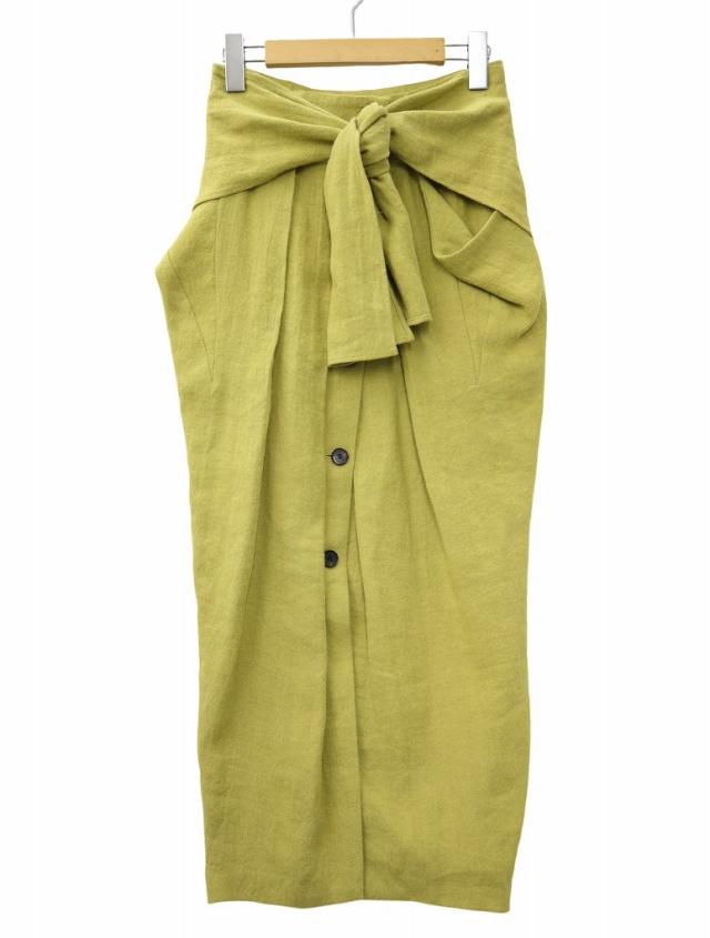 【中古】未使用品 アキラナカ AKIRA NAKA リネン×ウール ボタンダウン ペンシル スカート 1 MUSTARD(マスタード)