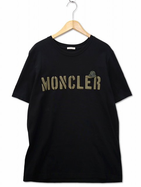 【中古】モンクレール MONCLER SS T-SHIRT クルーネック ロゴ 発砲プリント 刺繍 半袖 Tシャツ L BLACK(ブラック)