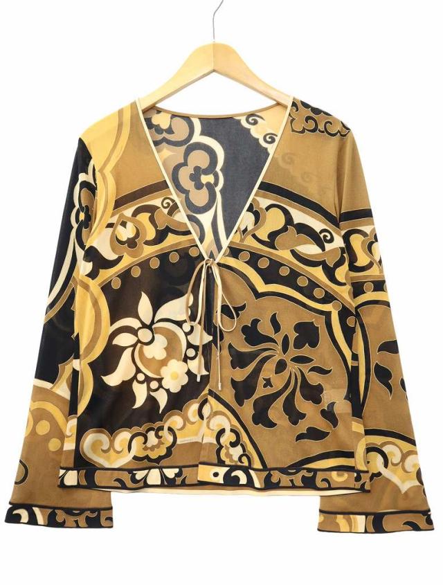 【中古】レオナール LEONARD Vネック 長袖 総柄 シアー カーディガン L ブラウン/ブラック/マスタード