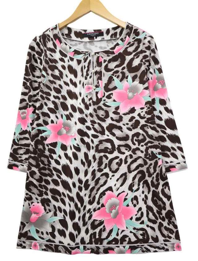 【中古】レオナール LEONARD ハーフボタン 長袖 レオパード ウエストベルト チュニック L グレー/ダークブラウン