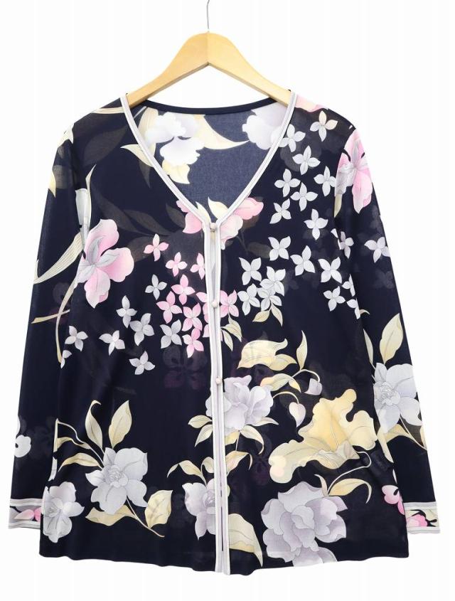 【中古】レオナール LEONARD Vネック 長袖 フラワー柄 シアー カーディガン L NAVY(ネイビー) 春夏 レディース