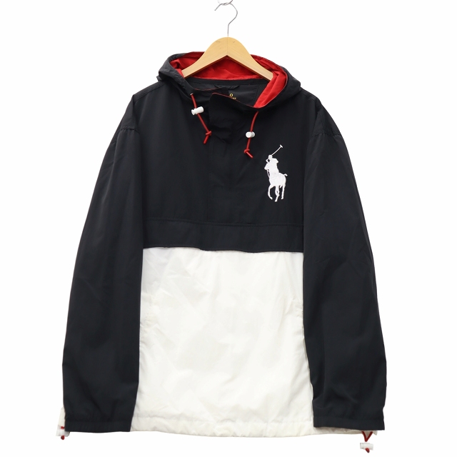 【中古】POLO RALPH LAUREN ナイロン プルオーバー アノラック パーカー 170/92A ブラック × ホワイト メンズ