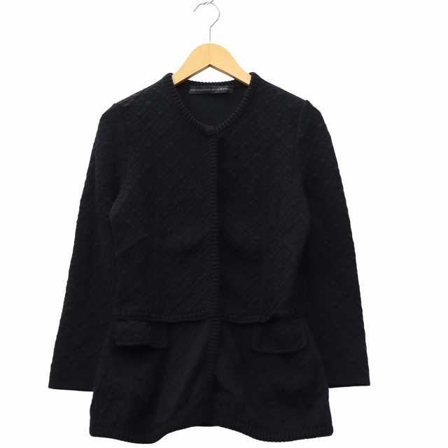 【中古】ERMANNO SCERVINO スクエア模様 長袖 クルーネック ボタンアップ カーディガン 40 BLACK ブラック レディース