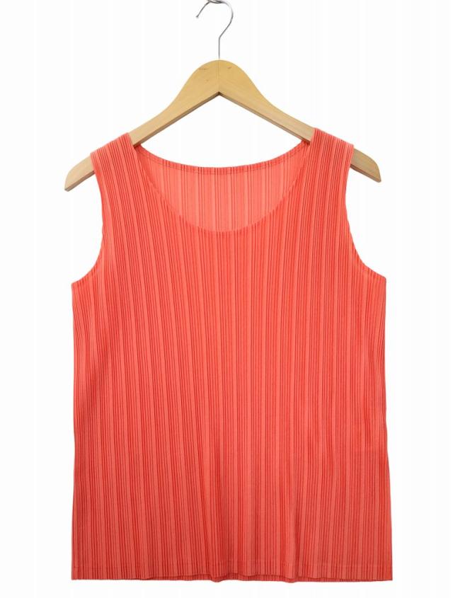 【中古】プリーツプリーズ PLEATS PLEASE Uネック ノースリーブ プリーツ プルオーバー カットソー 3 オレンジ