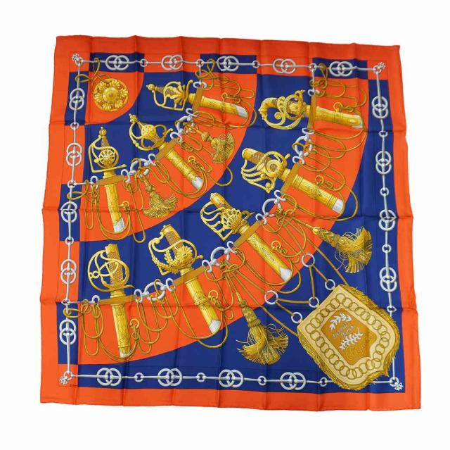 【中古】未使用品 エルメス HERMES CLIQUETIS クリケティス カレ90 シルク スカーフ ORANGE/NAVY(オレンジ/ネイビー)