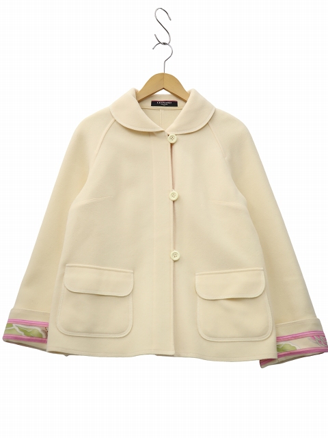 【中古】LEONARD FASHION フラットカラー 花柄切替 ウール ブルゾン ジャケット 11R IVORY アイボリー レディース