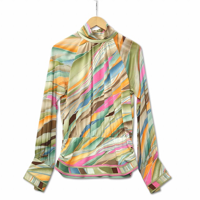 【中古】レオナール LEONARD シルクシースルー袖 ハイネック ブラウジングブラウス ストレッチシャツ L レディース