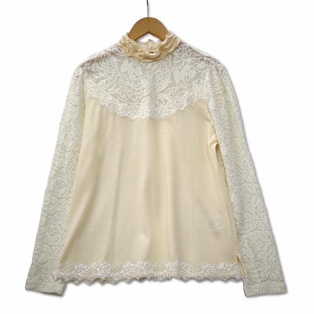 【中古】インポート ロッサ Rossa 花柄レース切替 フリル ハイネック ウールカットソー インナー 約11号 レディース