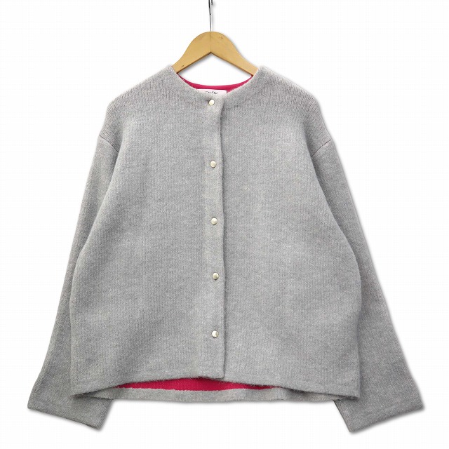 【中古】ドゥドゥ DOUDOU ダブルフェイスニットショートコート ノーカラー グレー×ピンク F レディース