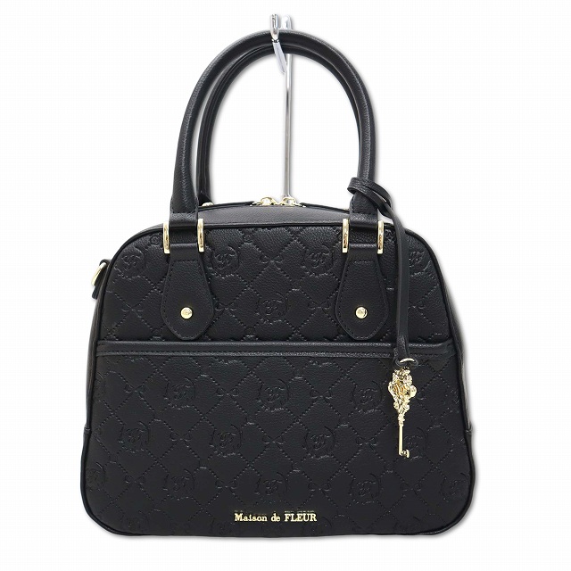 【中古】メゾンドフルール Maison de FLEUR モノグラムトラペゾイドバッグ 型押し ハンドバッグ ブラック レディース