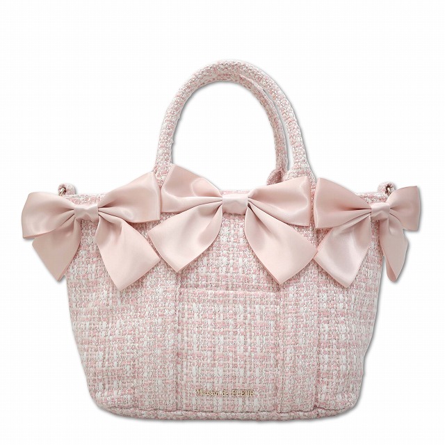 【中古】メゾンドフルール Maison de FLEUR ピンクマニアボリュームリボン2WayトートMバッグ ツイード ピンク レディース