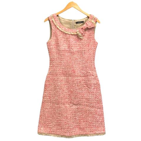 【中古】フォクシー FOXEY ワンピース ノースリーブ  ツイード フリンジ リボン 膝丈 40 赤 レッド ベージュ レディース