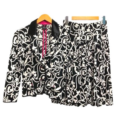 【中古】レジィーナロマンティコ ReginaRomantico セットアップ ジャケット スカート 膝丈 総柄 薄手 38 黒 ブラック 白 ホワイト