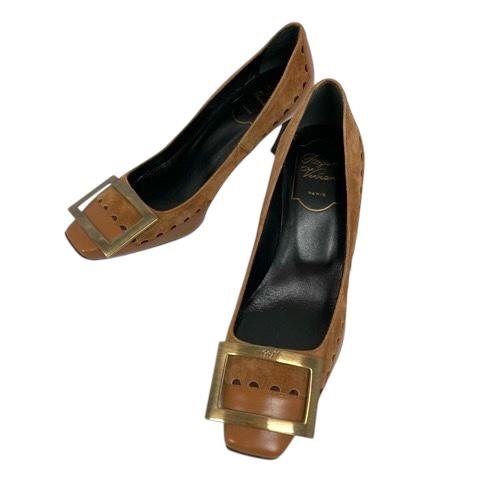 【中古】ロジェヴィヴィエ ROGER VIVIER ベル ヴィヴィエ パンプス スクエアトゥ バックル 35 茶 ブラウン レディース