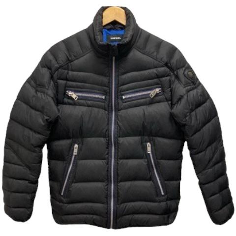【中古】ディーゼル DIESEL ダウンジャケット ナイロン ロゴ フェザー混 合成皮革 フード無し 無地 S 黒 ブラック レディース