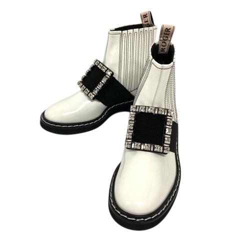 【中古】ロジェヴィヴィエ ROGER VIVIER ショートブーツ サイドゴア エナメル バックル ビジュー 35.5 ホワイト ブラック レディース
