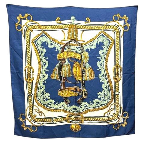 【中古】エルメス HERMES シルク スカーフ カレ90 F. De LA PERRIERE 大判 総柄 紺 ネイビー マルチカラー レディース