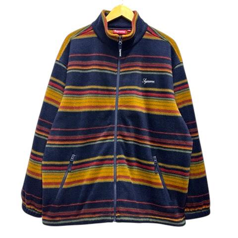 【中古】シュプリーム 24FW Stripe Zip Up Fleece Jacket フリースジャケット ボーダー ロゴ 刺繍 長袖 XL 紺 オレンジ メンズ