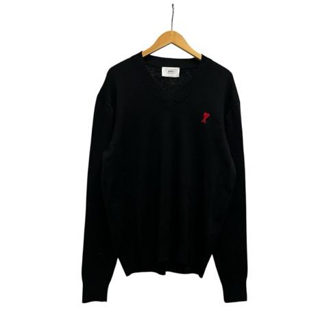 【中古】アミ アレクサンドル マテュッシ ami alexandre mattiussi ニット セーター 長袖 Vネック ロゴ刺繍 ウール L 黒 赤 メンズ