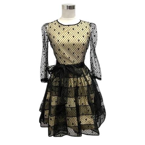 【中古】レッド ヴァレンティノ RED VALENTINO ワンピース フレア レース チュール シースルー 七分袖 ひざ丈 38 黒 ベージュ レディース