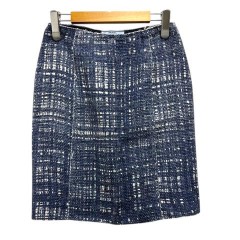 【中古】プラダ PRADA スカート 台形 タイト リネン混 ツイード ひざ丈 36S 青 ブルー レディース