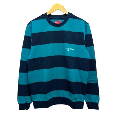 【中古】未使用品 シュプリーム S 16SS/Striped Pique Crewneck ポロシャツ クルーネック ボーダー 長袖 S ターコイズブルー 紺 メンズ
