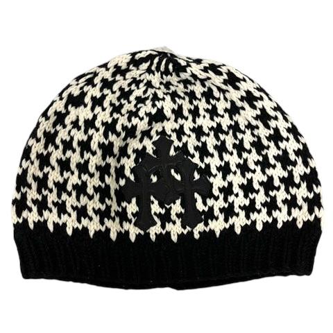 【中古】クロムハーツ ニット帽 ビーニー Houndstooth Triple Cross Patch Knit カシミヤ レザーパッチ 黒 白 メンズ レディース