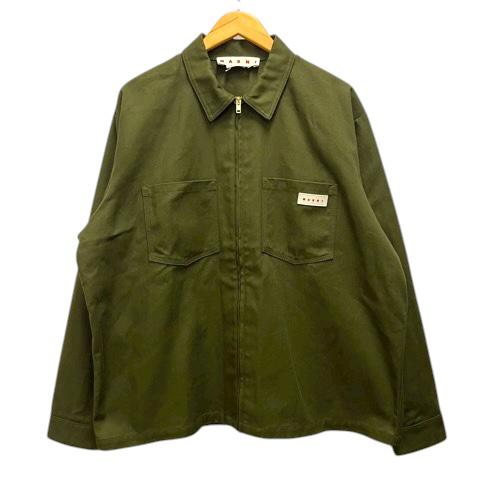 【中古】マルニ MARNI ZIP-UP OVERSHIRT ジップアップオーバーシャツ ブルゾン ワンポイント ロゴ 長袖 46 緑 カーキ メンズ