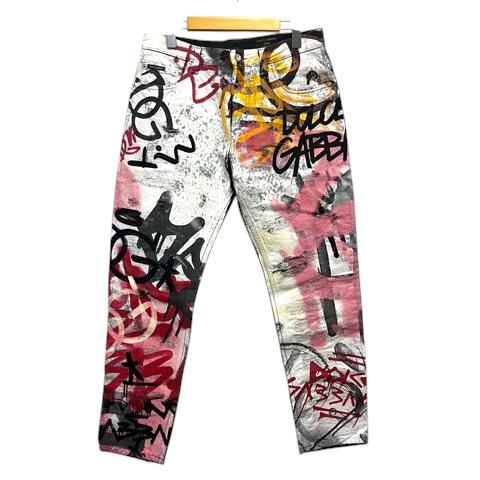 【中古】ドルチェ&ガッバーナ ドルガバ DOLCE&GABBANA デニム ジーンズ ストレート ペイント ダメージ加工 総柄 44 マルチカラー メンズ