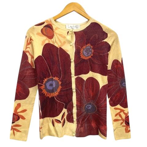 【中古】バランタイン BALLANTYNE カーディガン クルーネック 長袖 花柄 黄 イエロー 赤 ボルドー マルチカラー レディース