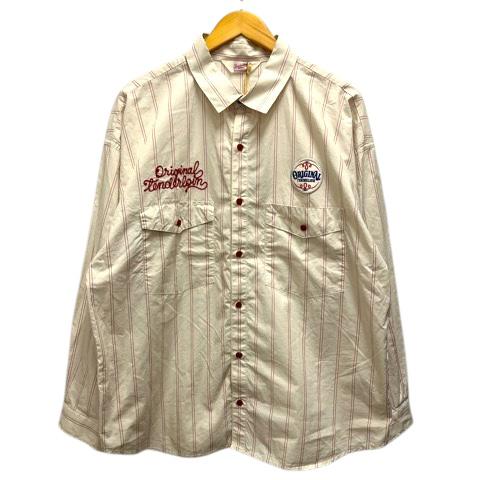 【中古】未使用品 テンダーロイン TENDERLOIN ワークシャツ コットン ストライプ ワッペン 刺繍 長袖 M 赤 レッド ベージュ メンズ