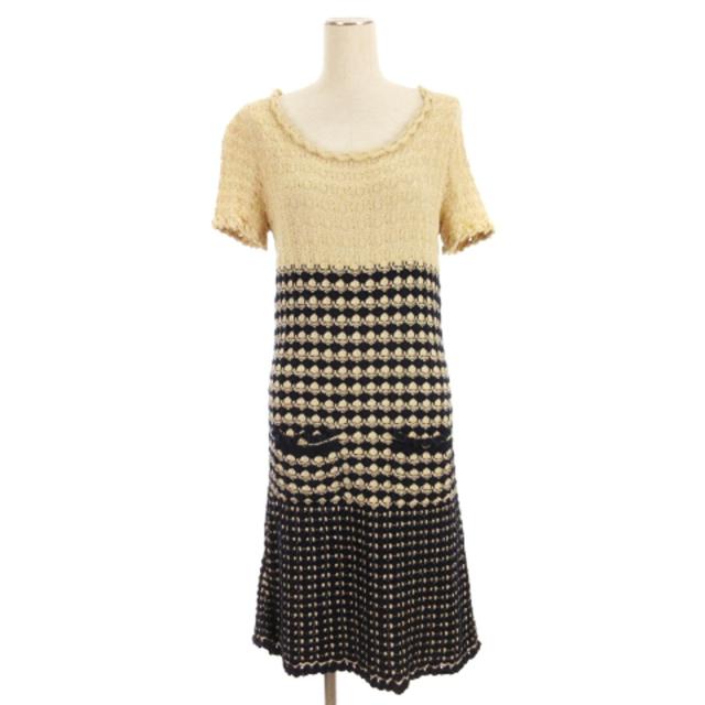 【中古】シャネル ニット ワンピース ひざ丈 半袖 ココマークボタン MP485 P4336K04401 紺 ベージュ ネイビー 38